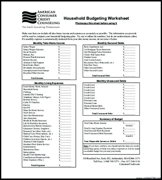 American Consumer Credit Counseling Budget Worksheet Budgeting Worksheets
