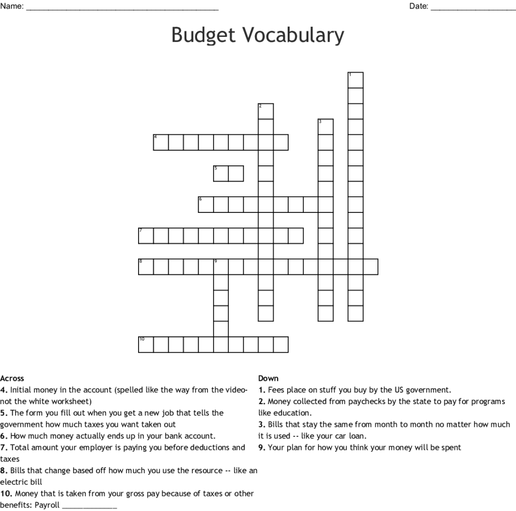 Budget Vocabulary Crossword WordMint Budgeting Worksheets