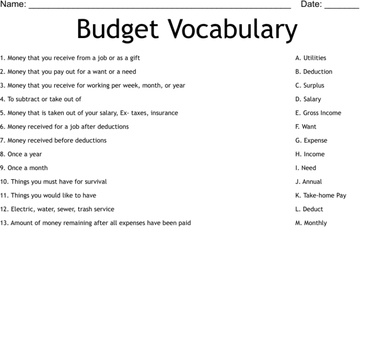 Budget Vocabulary Worksheet WordMint Budgeting Worksheets