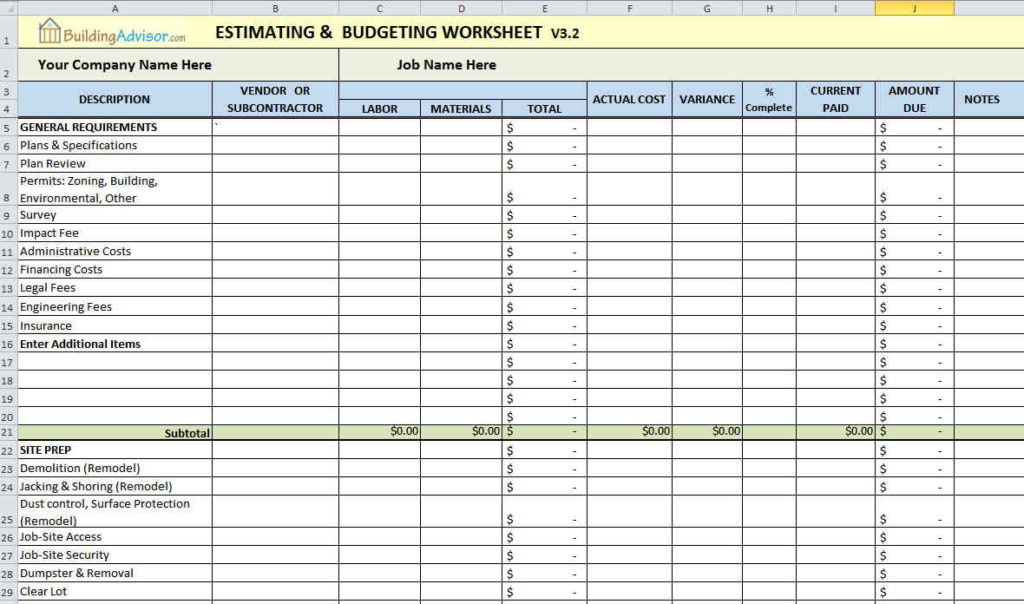 Building Advisor Estimating And Budgeting Worksheet Budgeting Worksheets