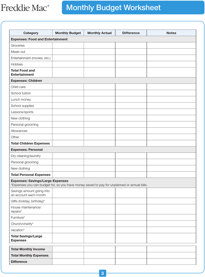 Freddie Mac Budget Worksheet Budgeting Worksheets