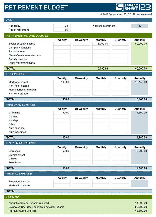 Retirement Budget Worksheet Excel Budgeting Worksheets